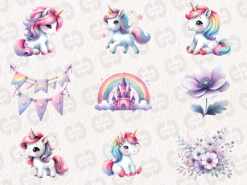 Cute Unicorn Clipart Bundle, Watercolor Unicorns Clip Art, Rainbow ...