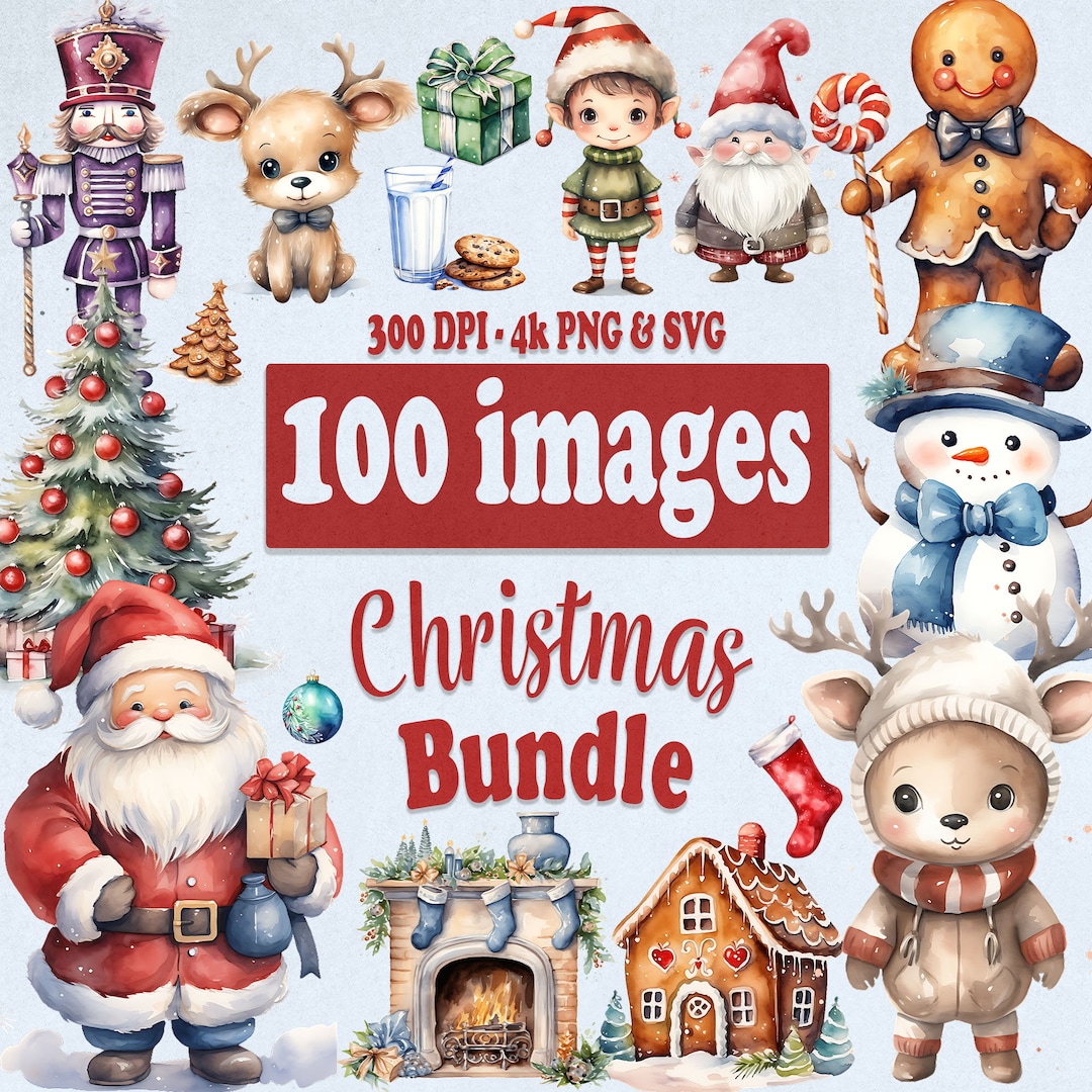 Watercolor Christmas Clipart Bundle, PNG & SVG XMAS Graphics, Cute ...