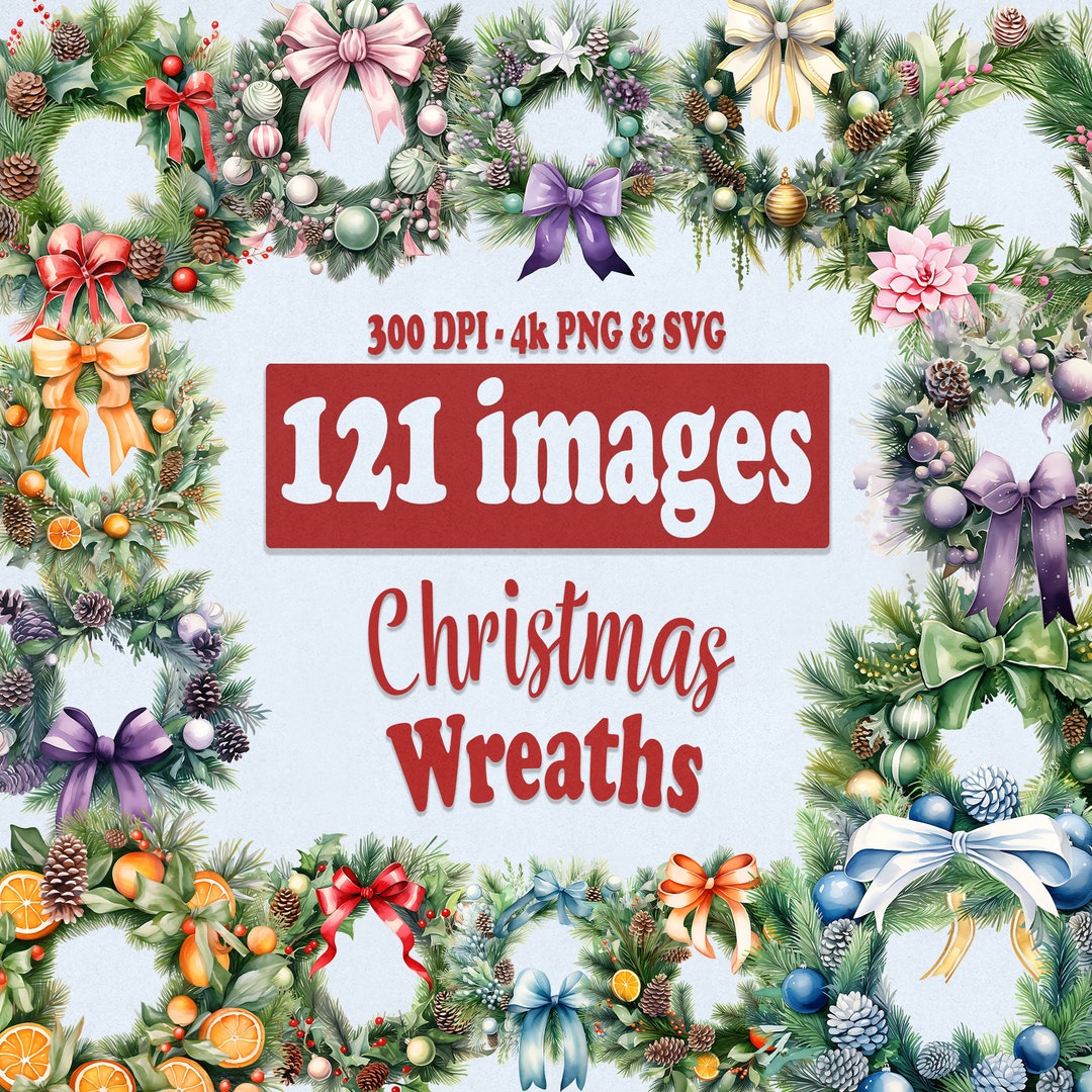 Christmas Wreath Clipart Bundle, Watercolor Xmas Wreaths Graphics ...