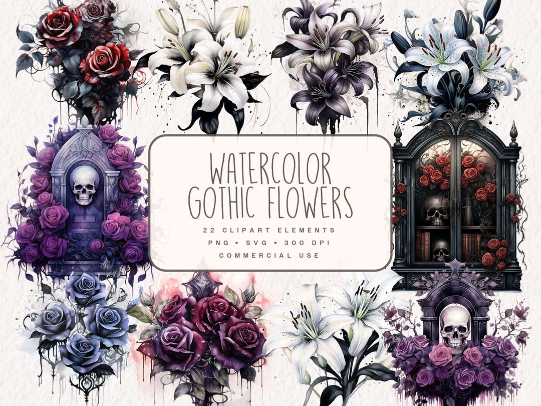 Watercolor Gothic Flowers Clipart, Magical Gothic Floral Graphics in ...