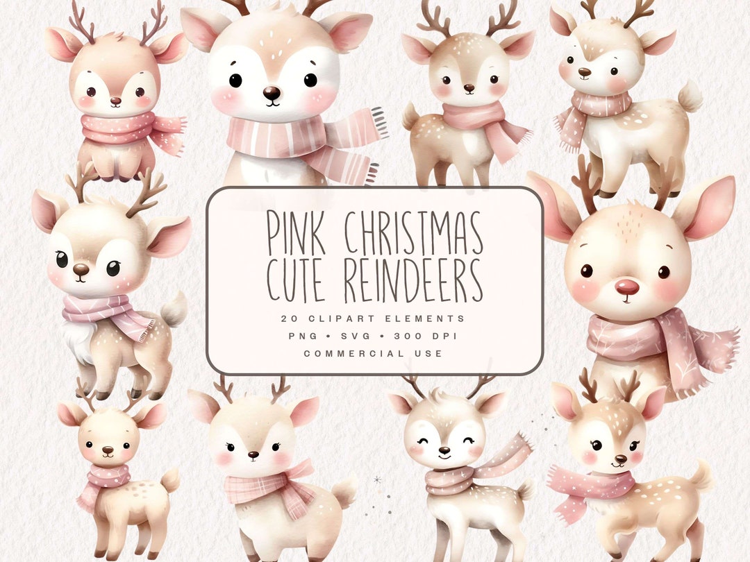 Pink Cute Reindeer Clipart, Watercolor Christmas Baby Reindeers in PNG ...