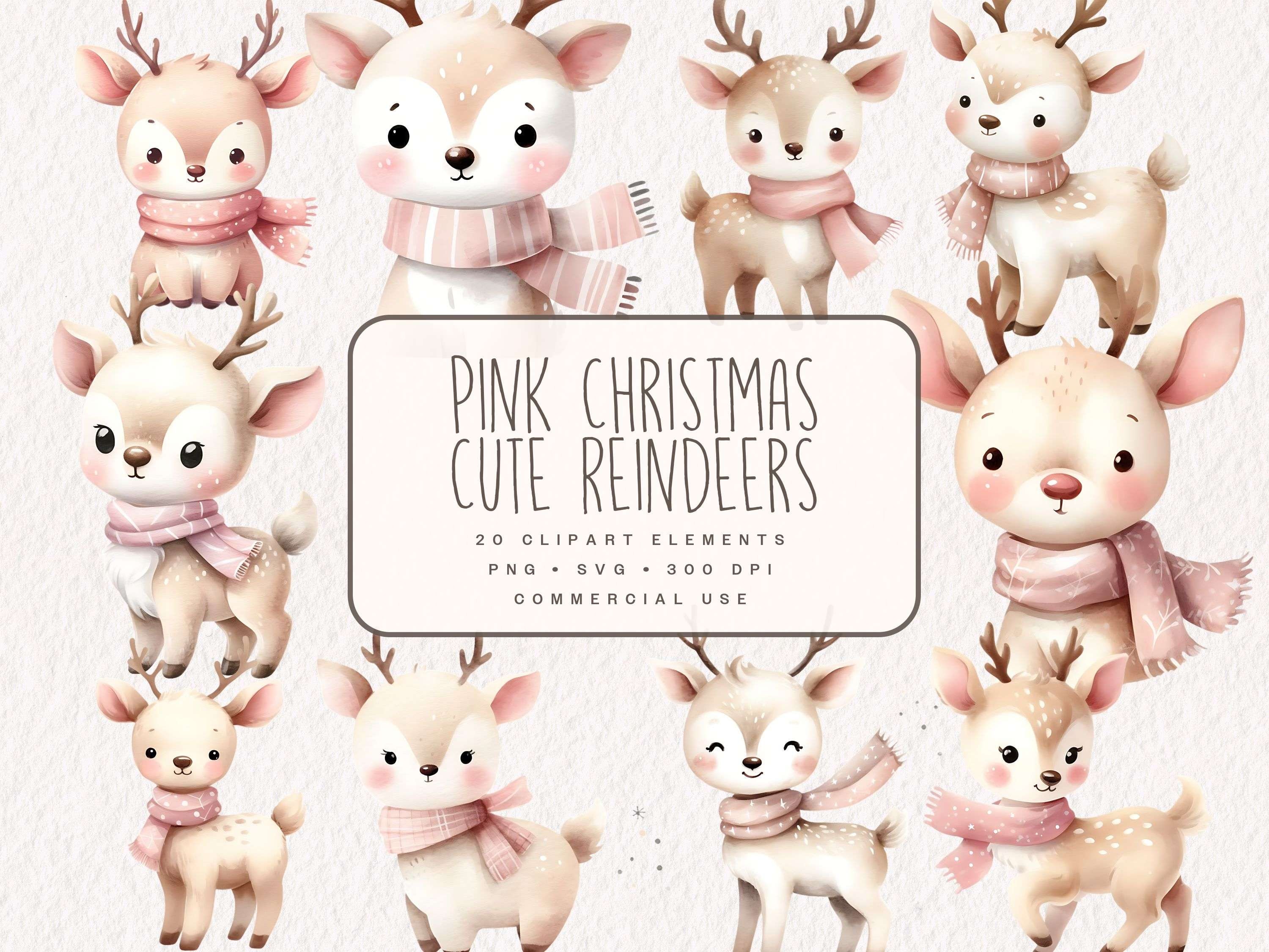 Pink Cute Reindeer Clipart, Watercolor Christmas Baby Reindeers in PNG ...