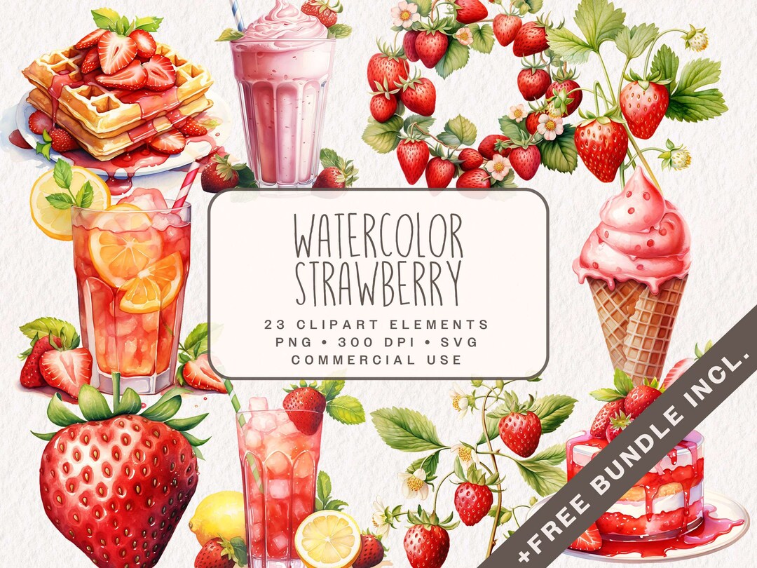 Watercolor Strawberry Clipart Bundle, Cute Food Graphics in PNG and SVG ...