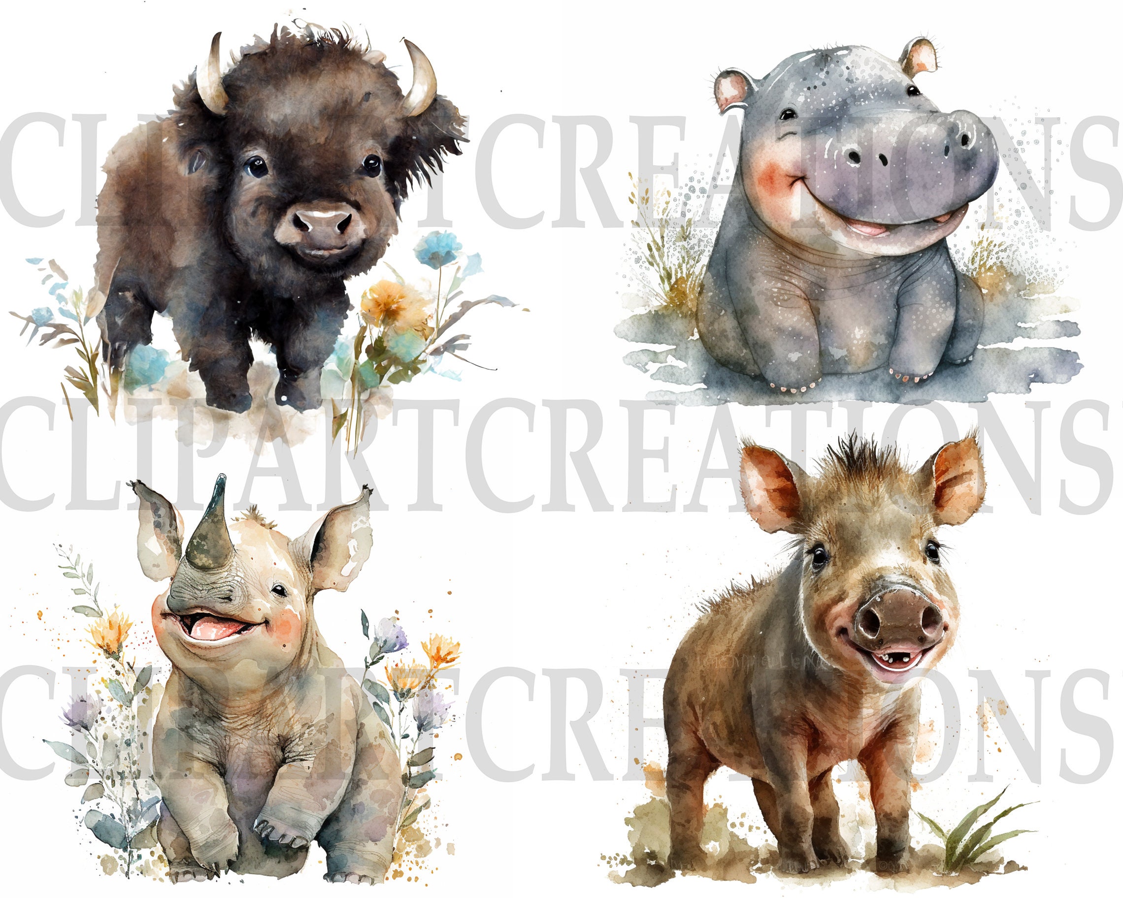 13 Safari Baby Animals Watercolor Clipart, Pngs, Paper Crafts, Cute ...