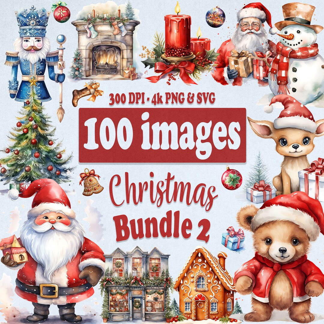 Watercolor Christmas Clipart Bundle, Winter Santa Snowman Tree Graphics ...