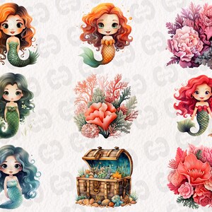 Cute Mermaid Clipart Bundle, Watercolor Mermaid PNG, Mermaid SVG ...
