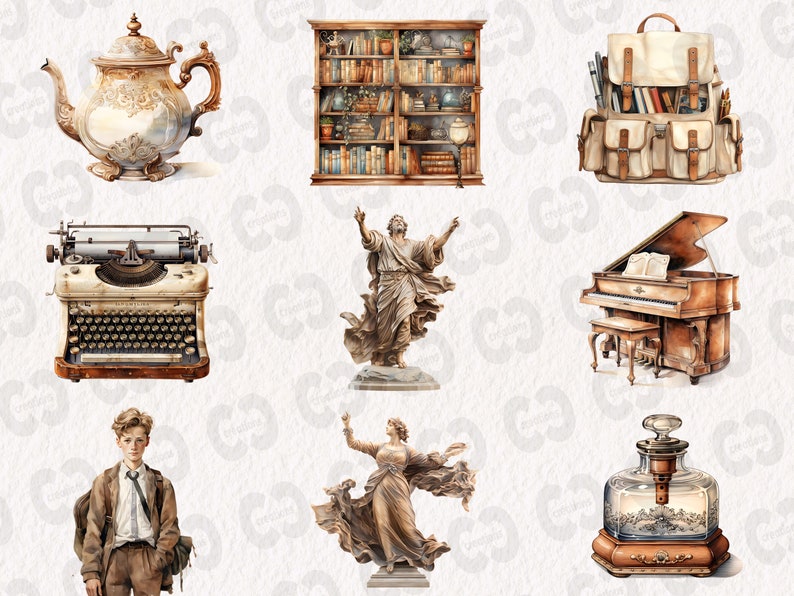 Watercolor Light Academia Clipart Bundle, Vintage Graphics in PNG and ...