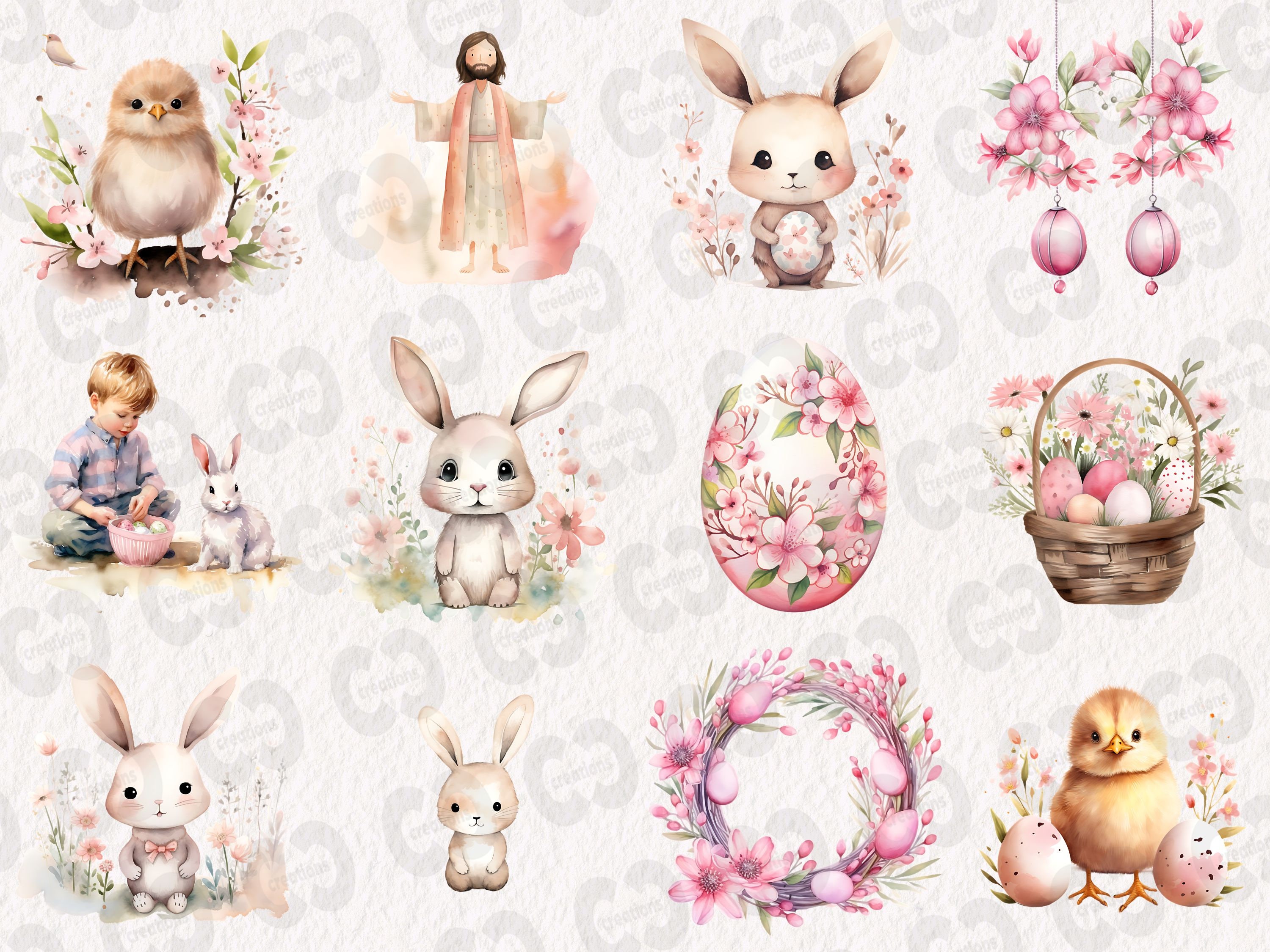 Watercolor Pink Easter Clipart Bundle, Cute Easter Graphics PNG & SVG ...
