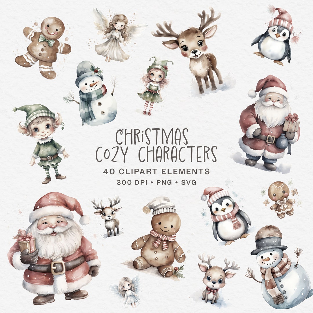 Cute Christmas Characters Clipart, Watercolor Xmas Clip Art PNG Bundle ...