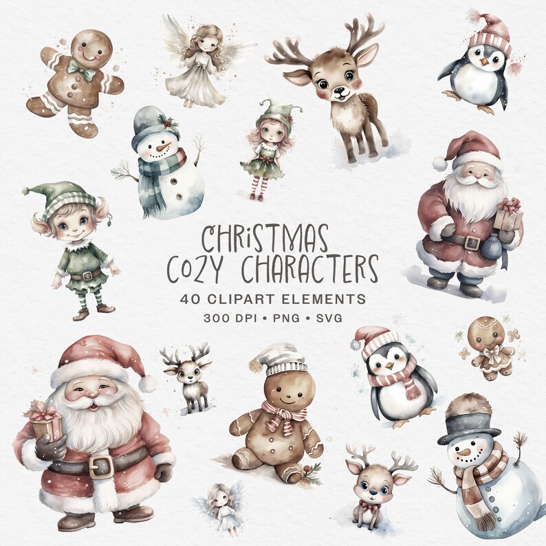 Cute Christmas Characters Clipart, Watercolor Xmas Clip Art PNG Bundle ...