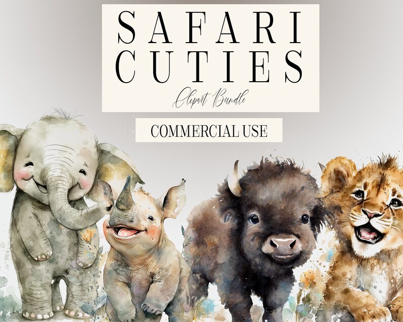 13 Safari Baby Animals Watercolor Clipart, Pngs, Paper Crafts, Cute ...