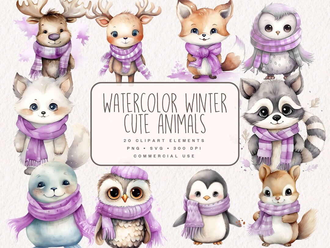 Winter Cute Animal Clipart, Pink Watercolor Happy Kids Baby Animals ...