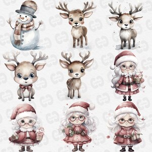 Cute Christmas Characters Clipart, Watercolor Xmas Clip Art PNG Bundle ...