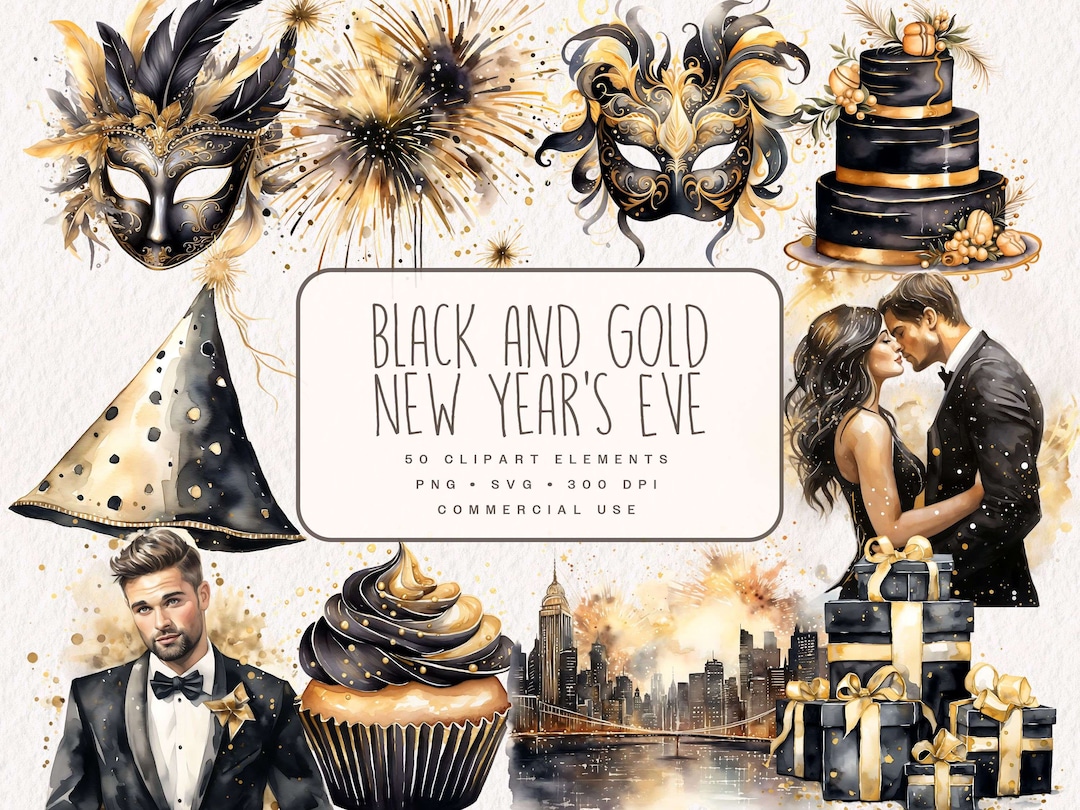 Happy New Year Clipart Bundle, 2024 Black and Gold New Year's Eve Party ...