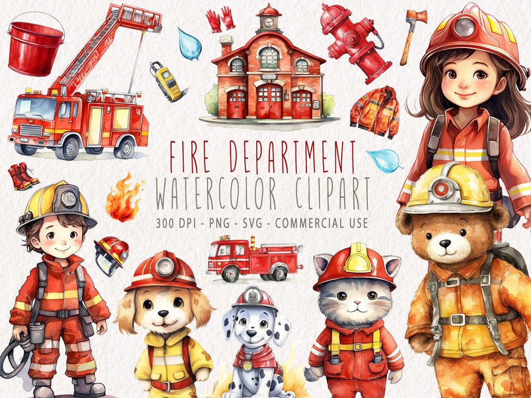 Watercolor Cute Firefighter Clipart Bundle, Fire Department PNG ...