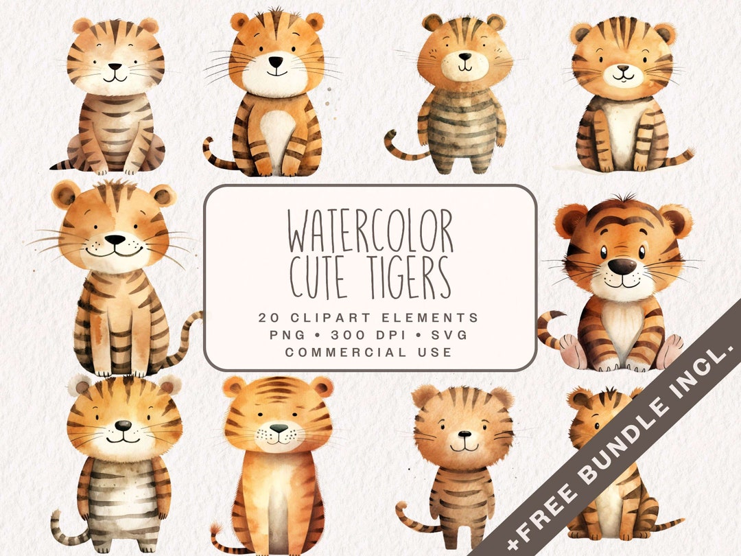 Watercolor Cute Tigers Clipart Bundle, Safari Animal Graphics in PNG ...