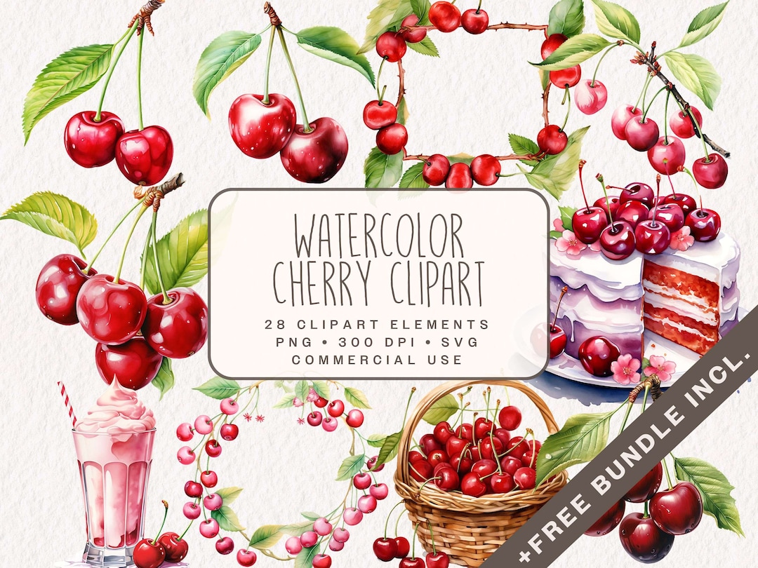 Watercolor Cherry Clipart Bundle, Cute Food Graphics in PNG and SVG ...