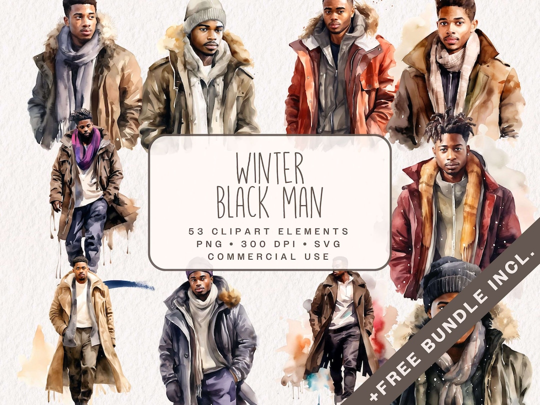 Winter Black Man Clipart, Watercolor Fashion Graphics in PNG and SVG ...