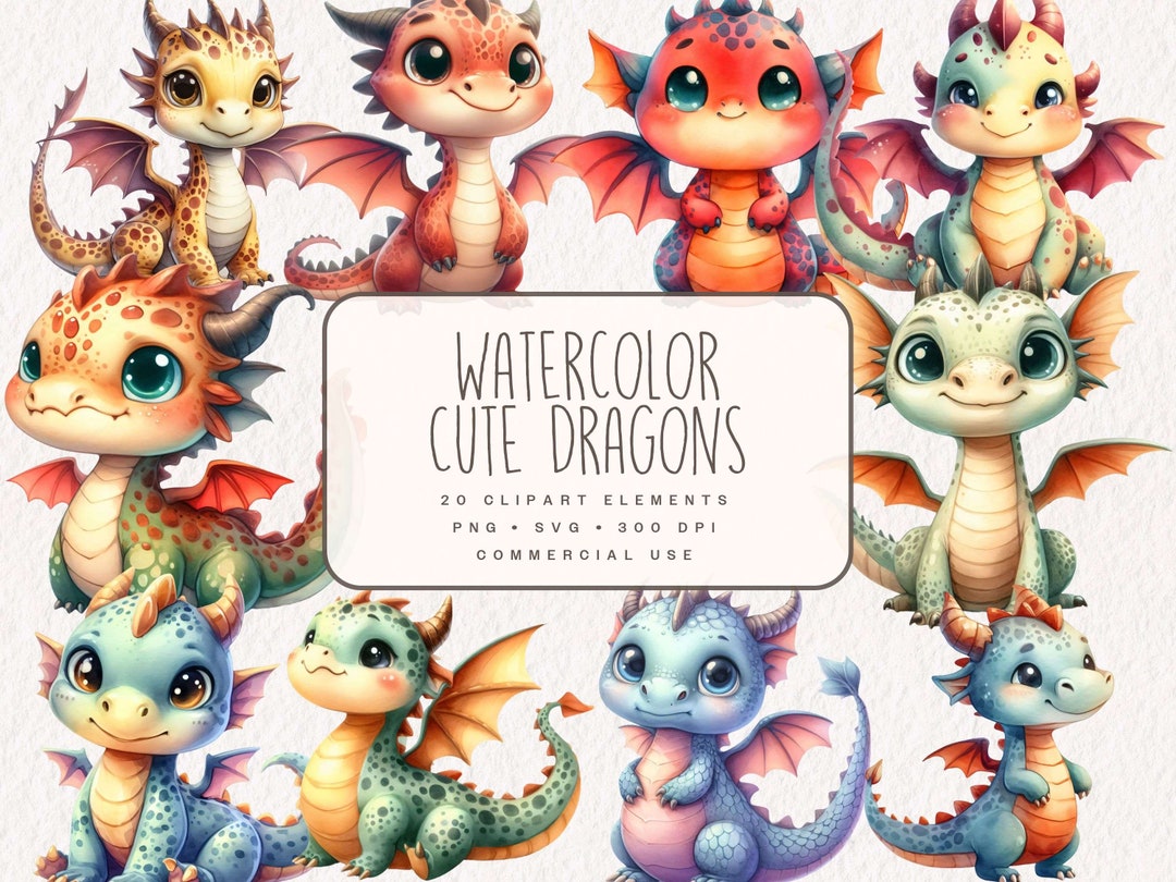 Watercolor Cute Dragons Clipart, Baby Dragon Illustrations, Digital ...
