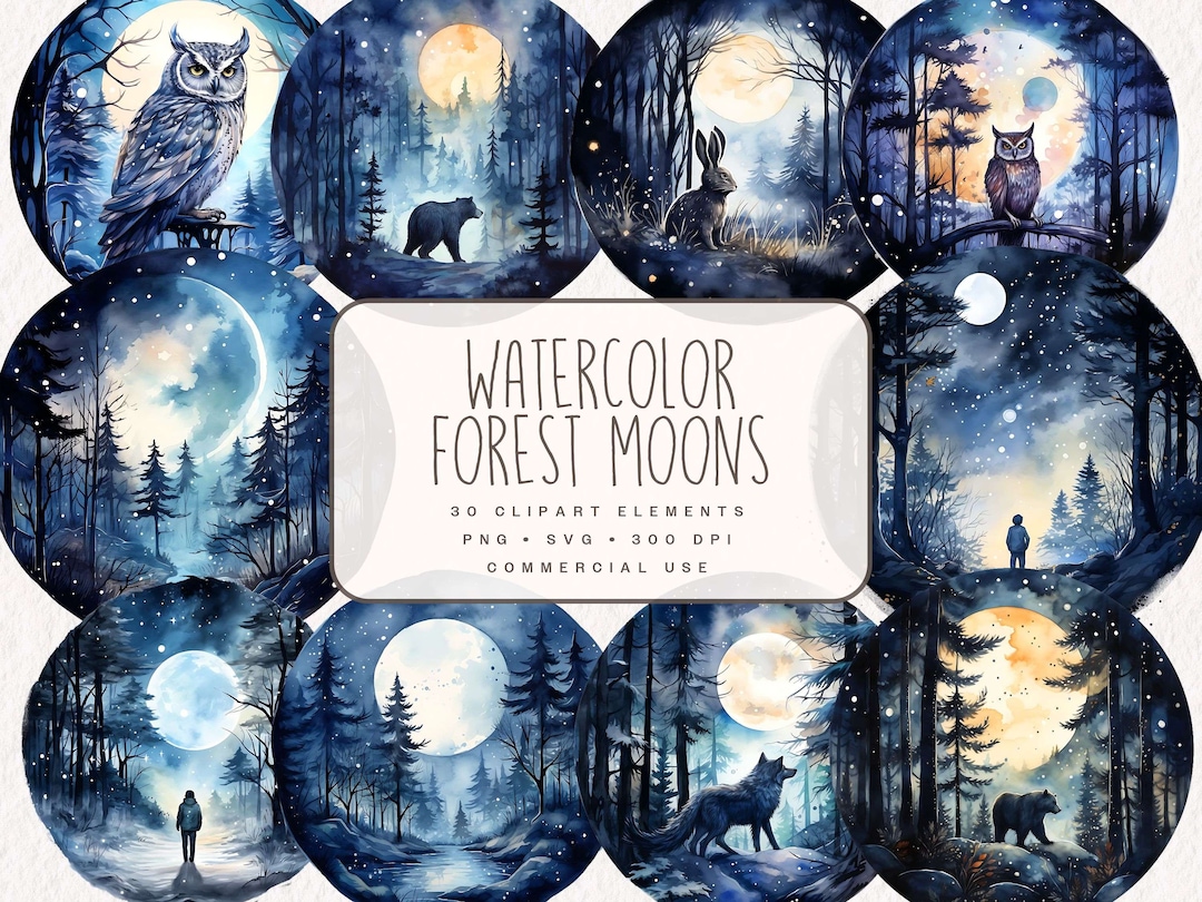Watercolor Forest Moons Clipart, Fantasy Woodland Graphics in PNG and ...