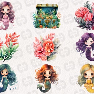 Cute Mermaid Clipart Bundle, Watercolor Mermaid PNG, Mermaid SVG ...