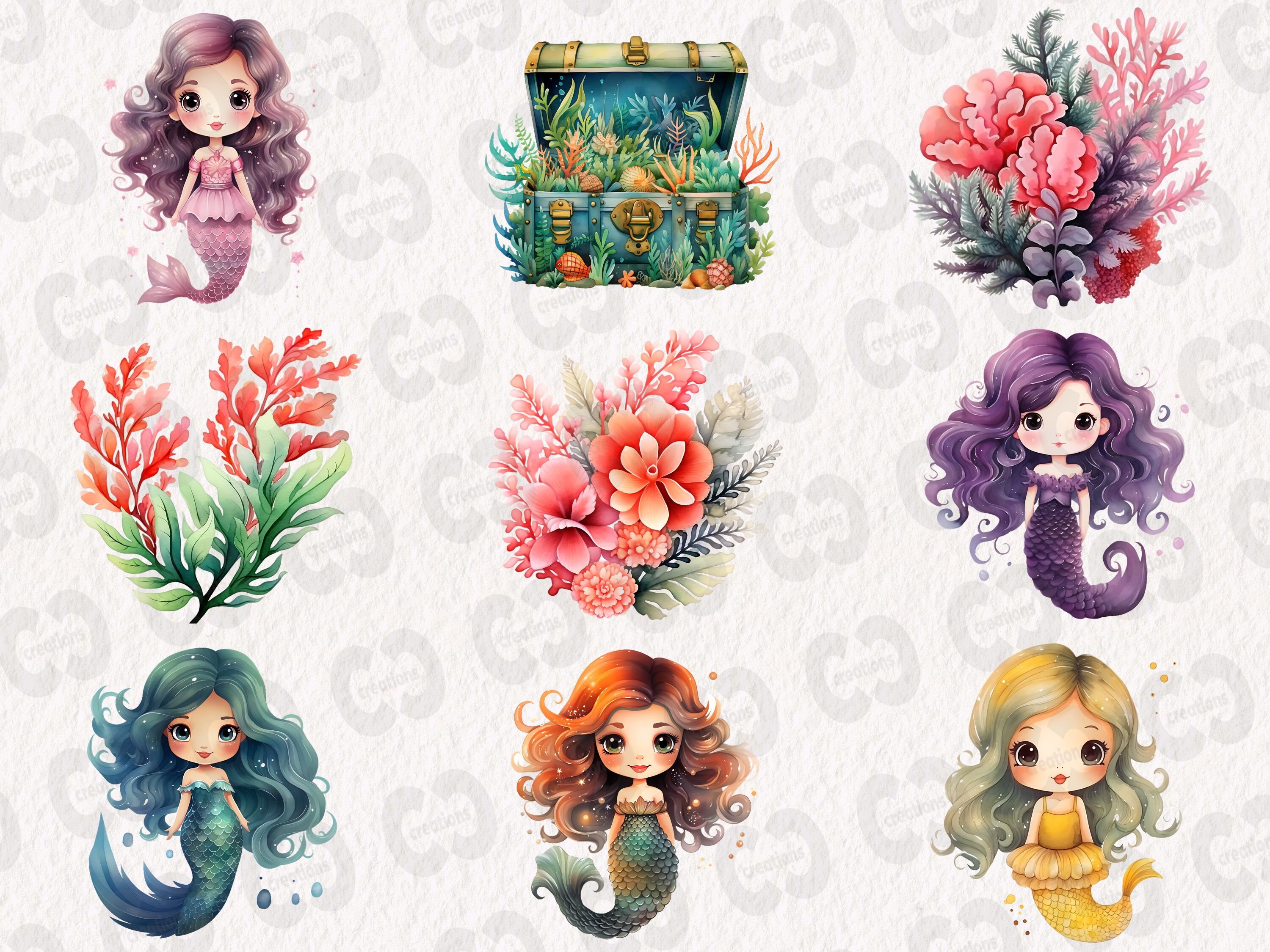 Cute Mermaid Clipart Bundle, Watercolor Mermaid PNG, Mermaid SVG ...