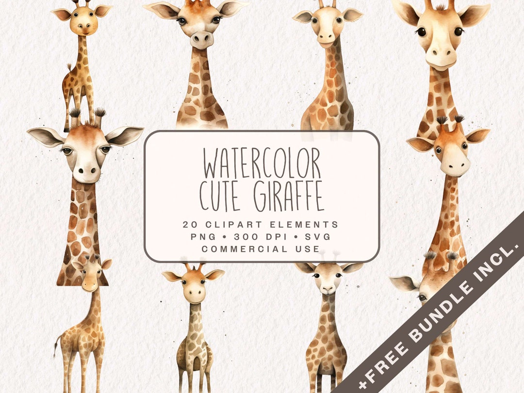 Watercolor Cute Giraffe Clipart Bundle, Jungle Graphics in PNG and SVG ...