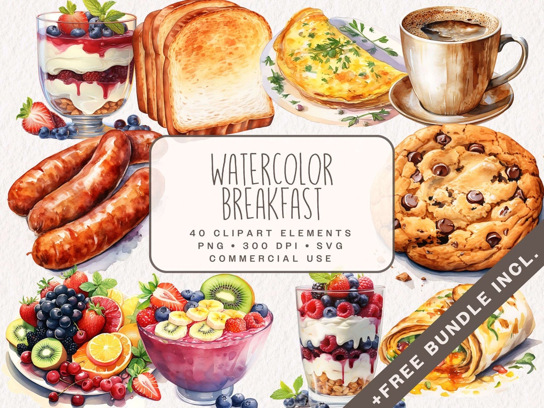 Watercolor Breakfast Clipart Bundle, Cute Food Graphics in PNG and SVG ...