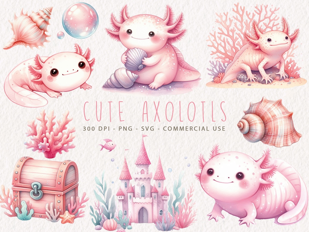 Cute Axolotl Clipart Bundle, Pink Watercolor Axolotl Clip Art, Kawaii ...