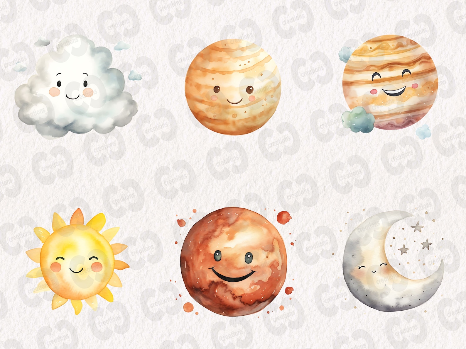Watercolor Cute Space Clipart Bundle, Happy Sun Spaceship Outerspace ...