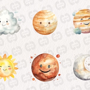 Watercolor Cute Space Clipart Bundle, Happy Sun Spaceship Outerspace ...