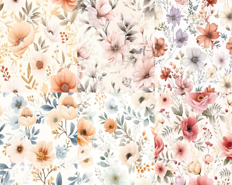 Pastel Floral Digital Paper, Seamless Backgrounds With Water Color ...