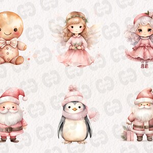 Christmas Cute Characters Clipart, Pink Watercolor Xmas Clip Art SVG ...