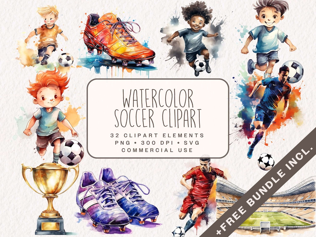 Watercolor Soccer Clipart Bundle, Cute Kids Playing Football Graphics ...