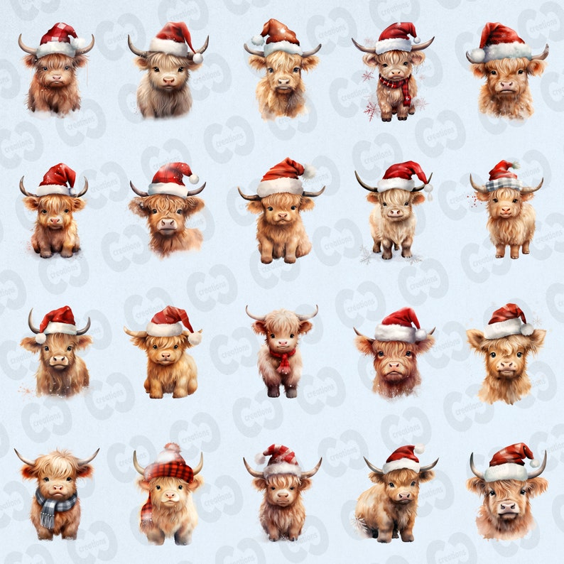 Christmas Highland Cows Clipart, Watercolor Cute Baby Highland Cow Kids ...