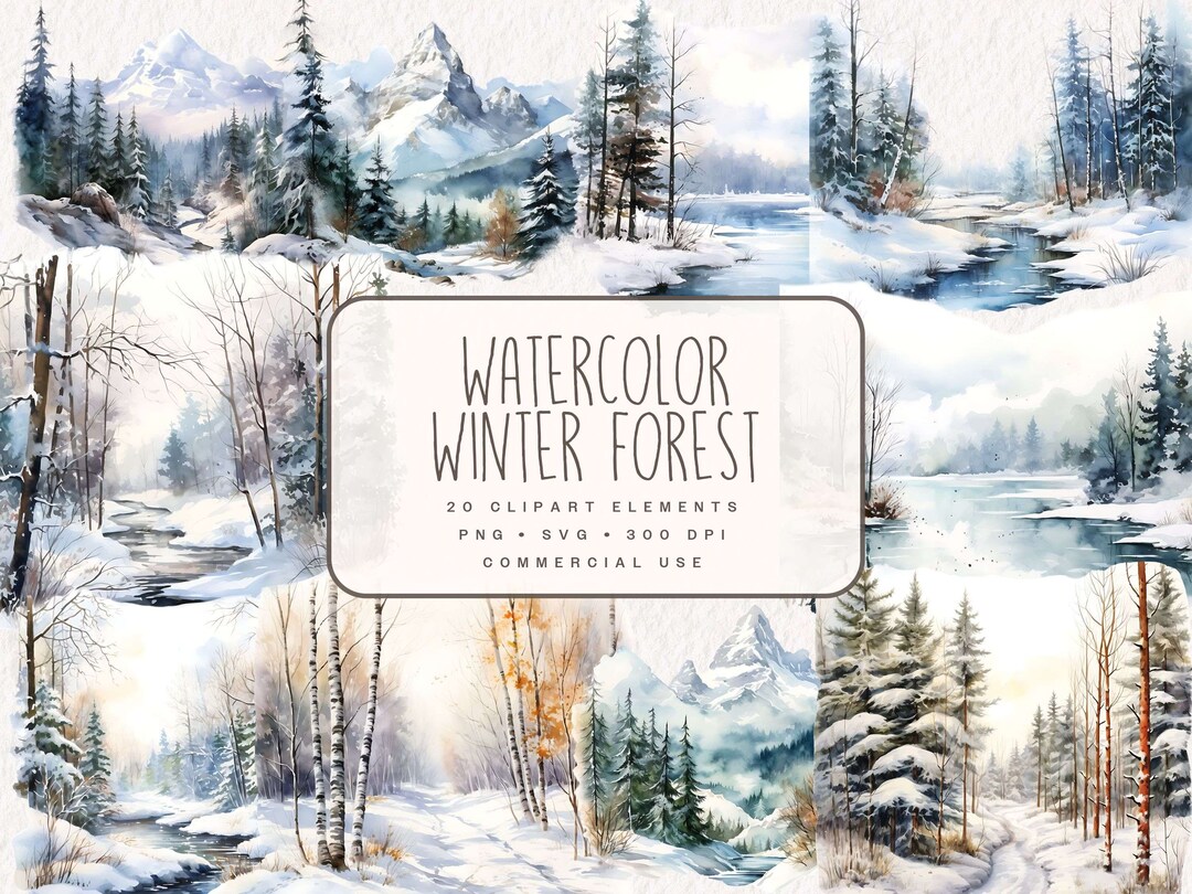 Watercolor Winter Forest Clipart, Beatiful Landscape Scenery ...
