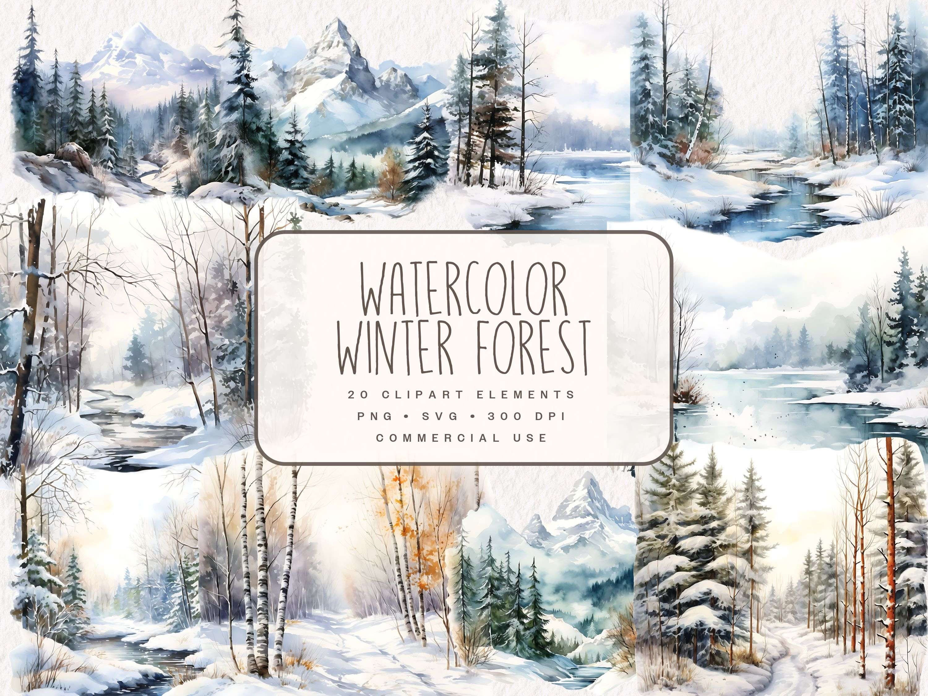 Watercolor Winter Forest Clipart, Beatiful Landscape Scenery ...