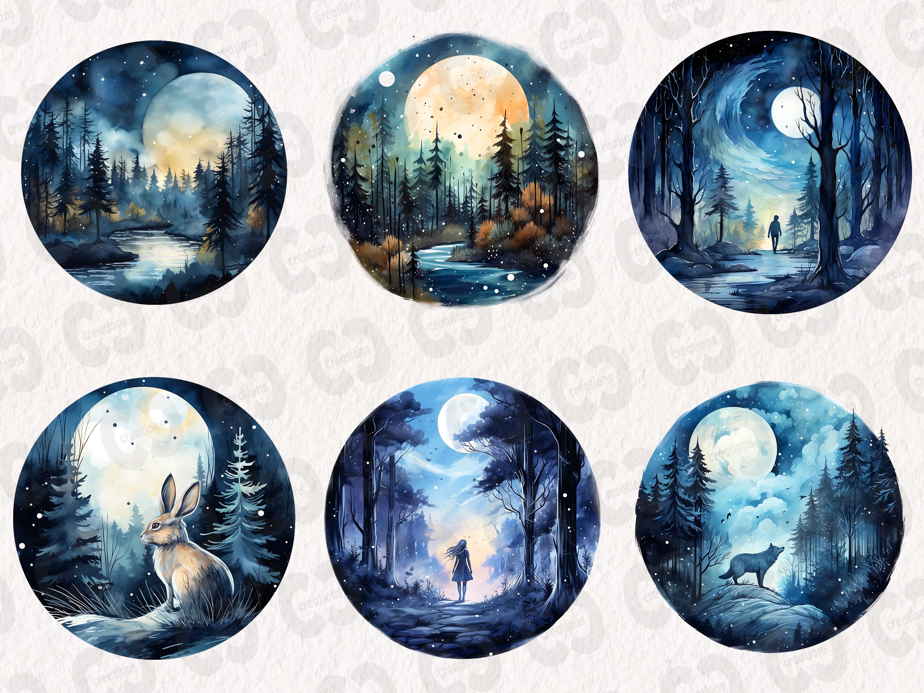 Watercolor Forest Moons Clipart, Fantasy Woodland Graphics in PNG and ...