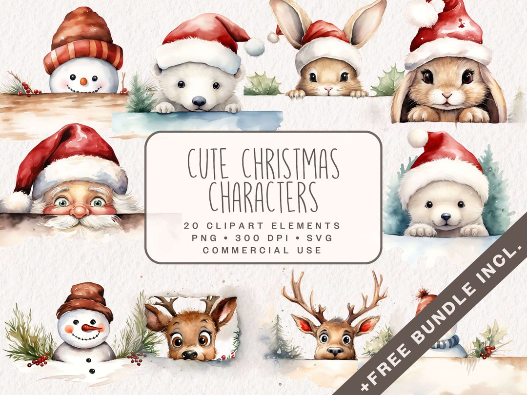 Christmas Cute Characters Clipart, Watercolor Xmas Clip Art PNG and SVG ...