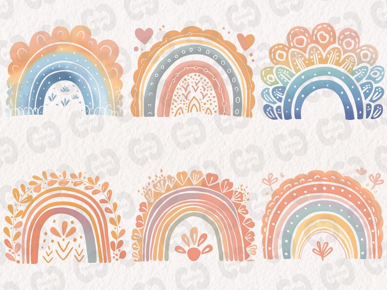 Watercolor Boho Rainbows Clipart Bundle, Pastel Rainbow SVG, Cute Boho ...
