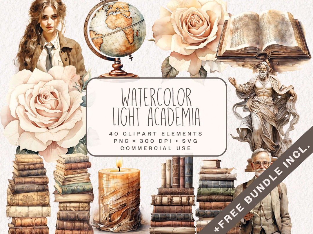 Watercolor Light Academia Clipart Bundle, Vintage Graphics in PNG and ...