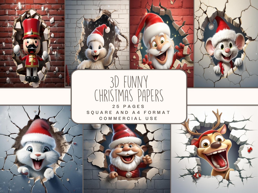 3D Funny Christmas Digital Paper, Cute Animal and Character Graphics in ...