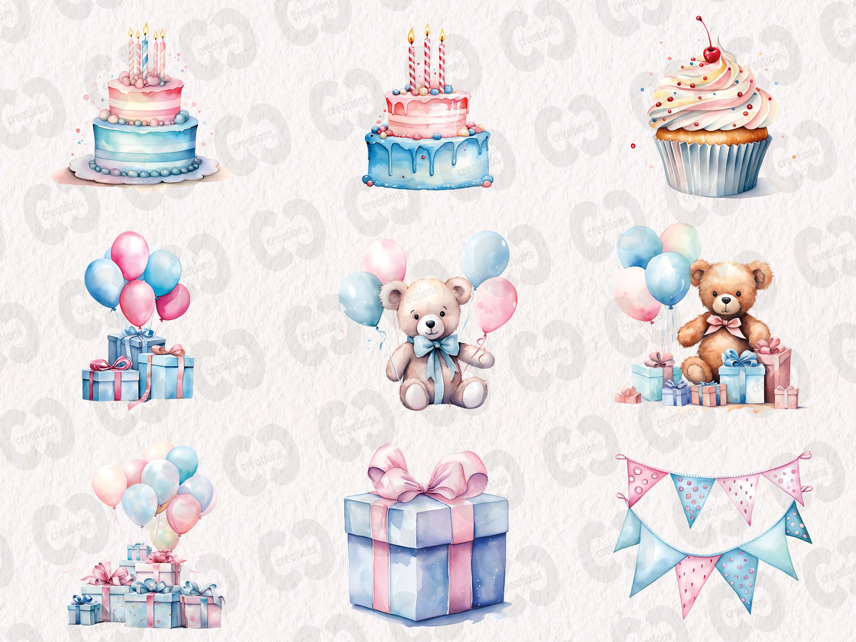 Pastel Birthday Clipart Bundle, Watercolor Birthday Party Clip Art ...