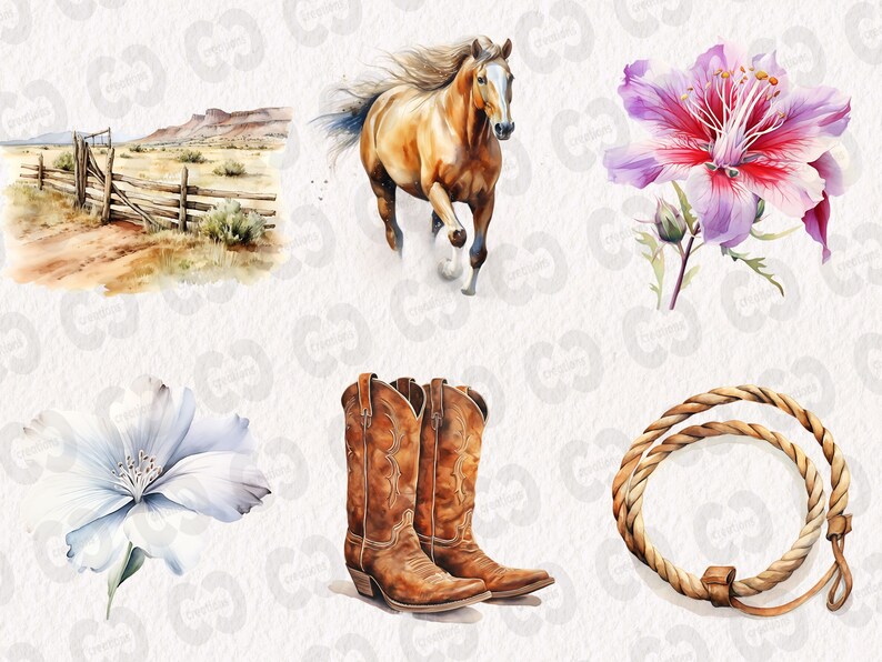 Watercolor Western Clipart Bundle, Cowboy Hat Horse Revolver Graphics ...