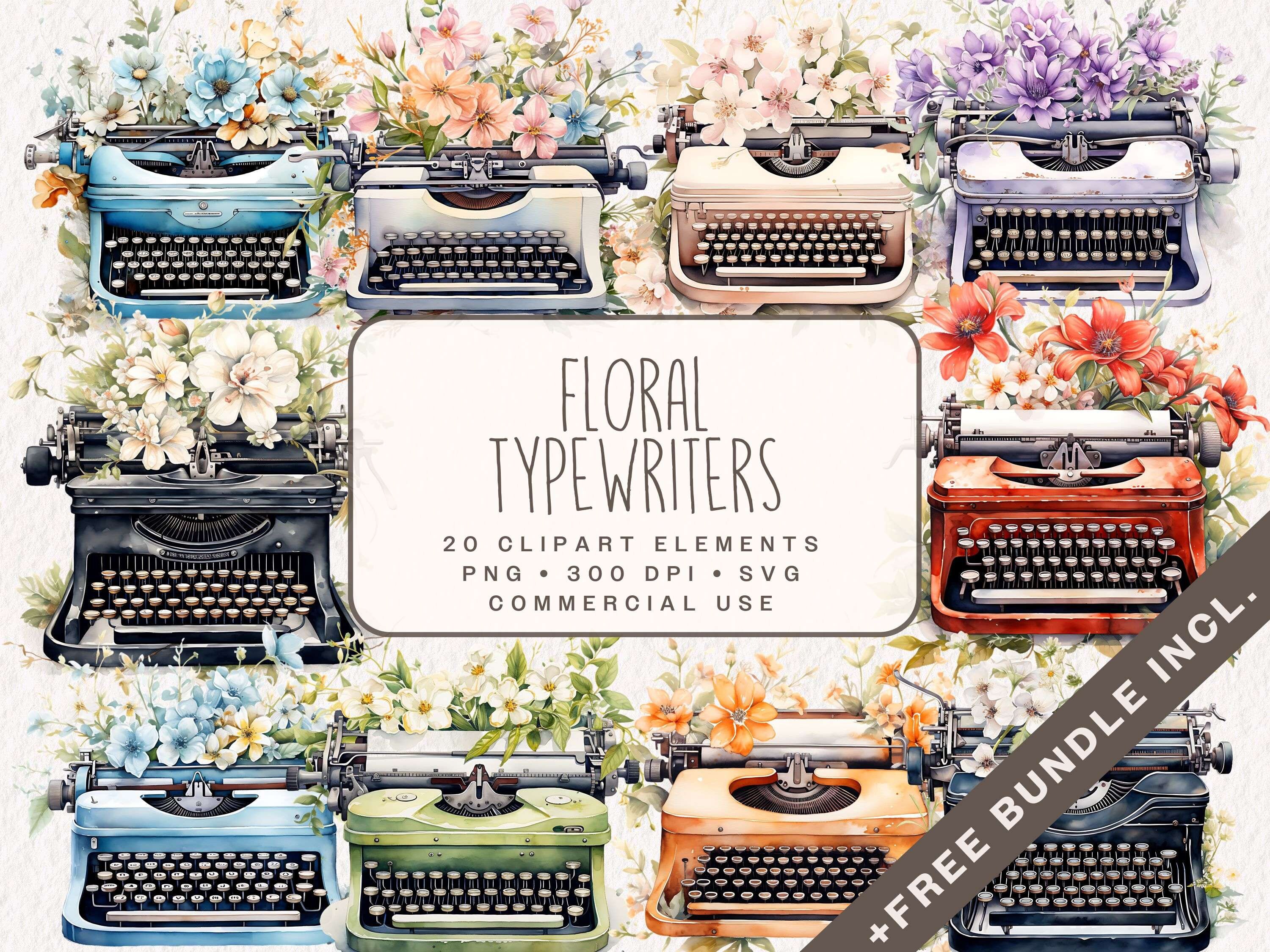 Watercolor Floral Typewriters Clipart Cute Flower Graphics in - Etsy