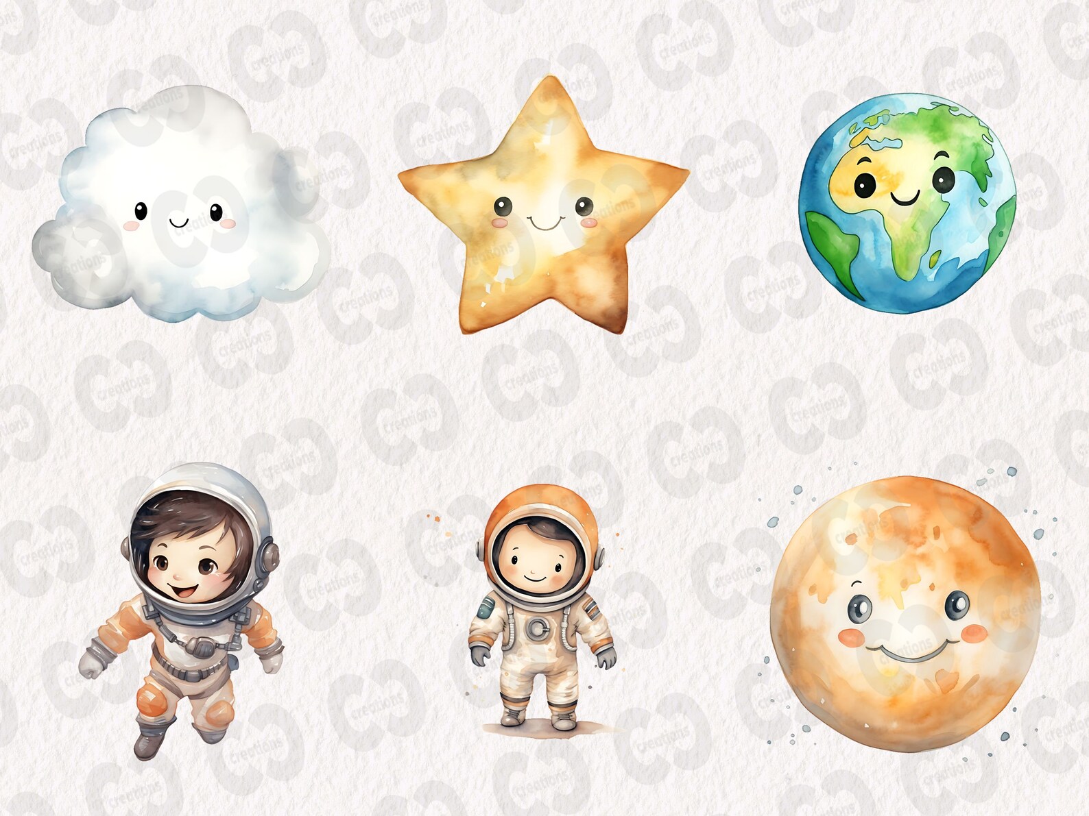 Watercolor Cute Space Clipart Bundle, Happy Sun Spaceship Outerspace ...