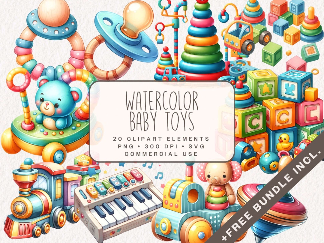 Watercolor Baby Toys Clipart, Colorful Kids Graphics in PNG and SVG for ...