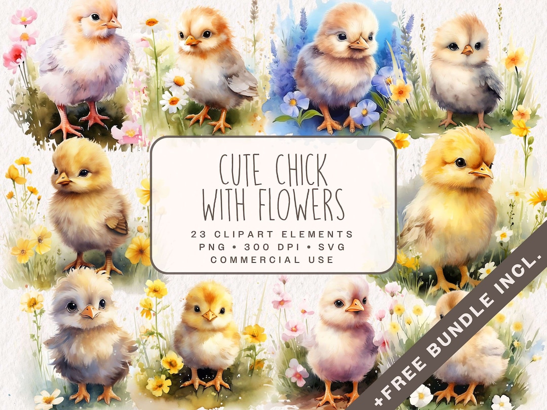 Floral Cute Chicks Clipart, Adorbable Chick With Flower Graphics in PNG ...