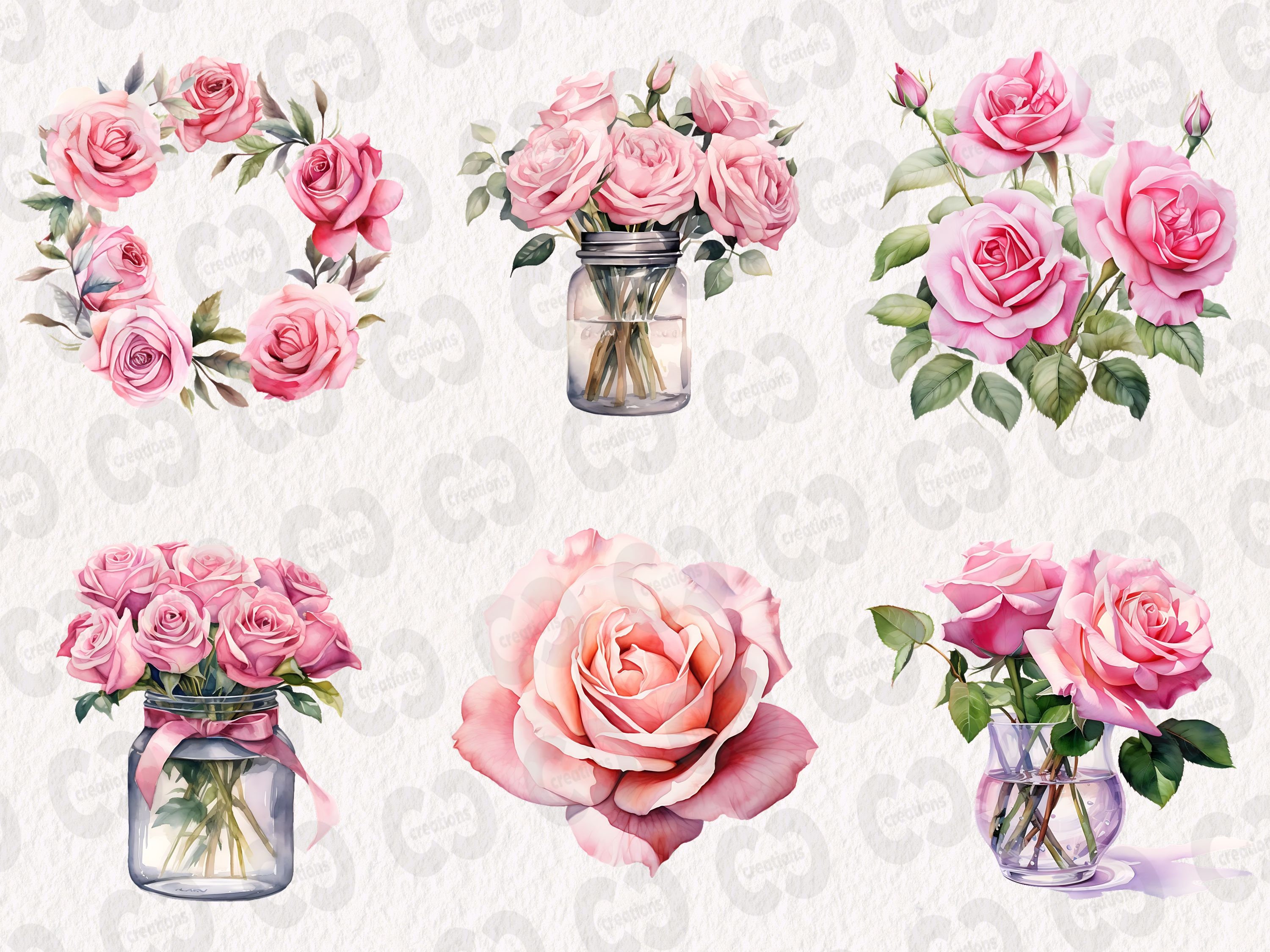 Watercolor Pink Roses Clipart Bundle Cute Rose Flower - Etsy