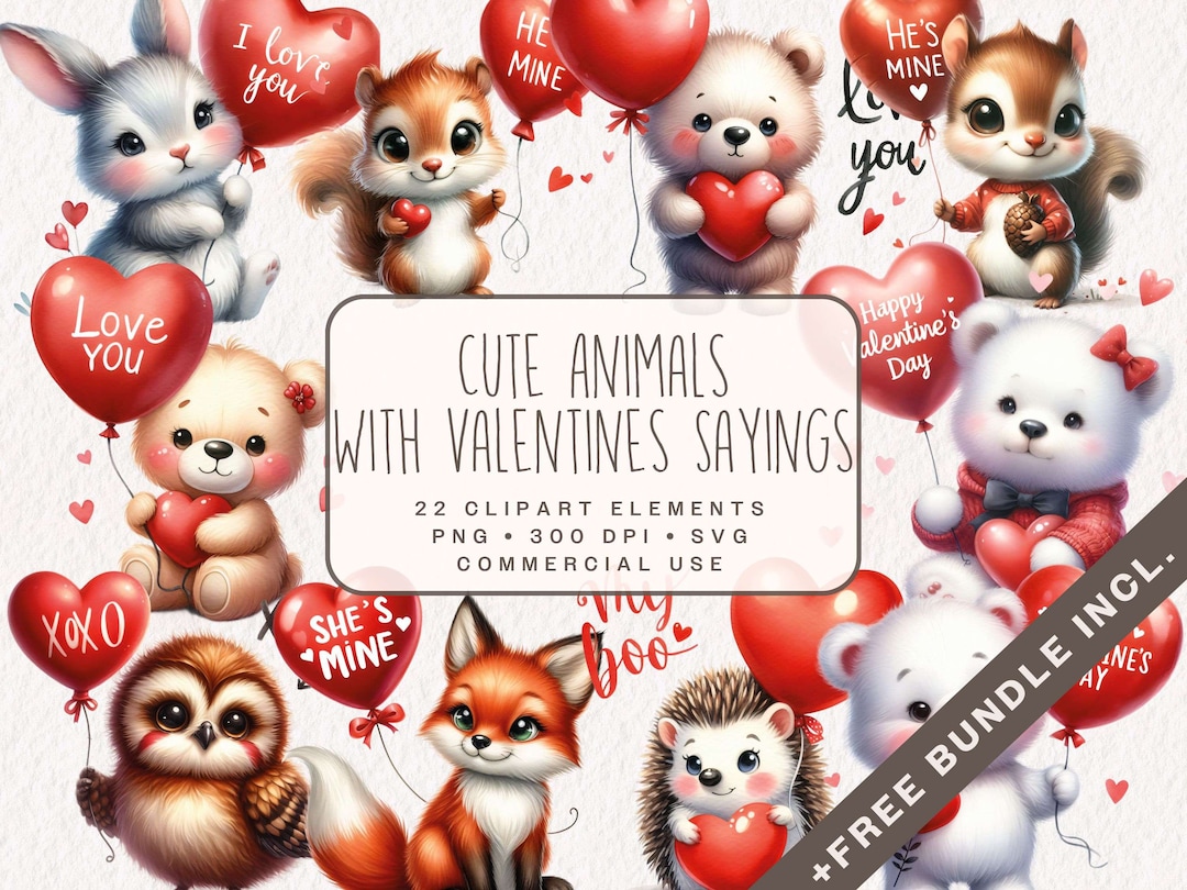 Cute Valentine Animals Clipart, Baby Animals With Heart Balloons, Be My ...